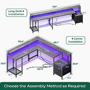 Huuger L Shaped Gaming Desk with LED Lights and Power Outlets, Computer Desk with 3 Drawers, 66.1 Inches Corner Desk, Home Office Desk with Printer and Monitor Stand, Large Storage Space, Grey
