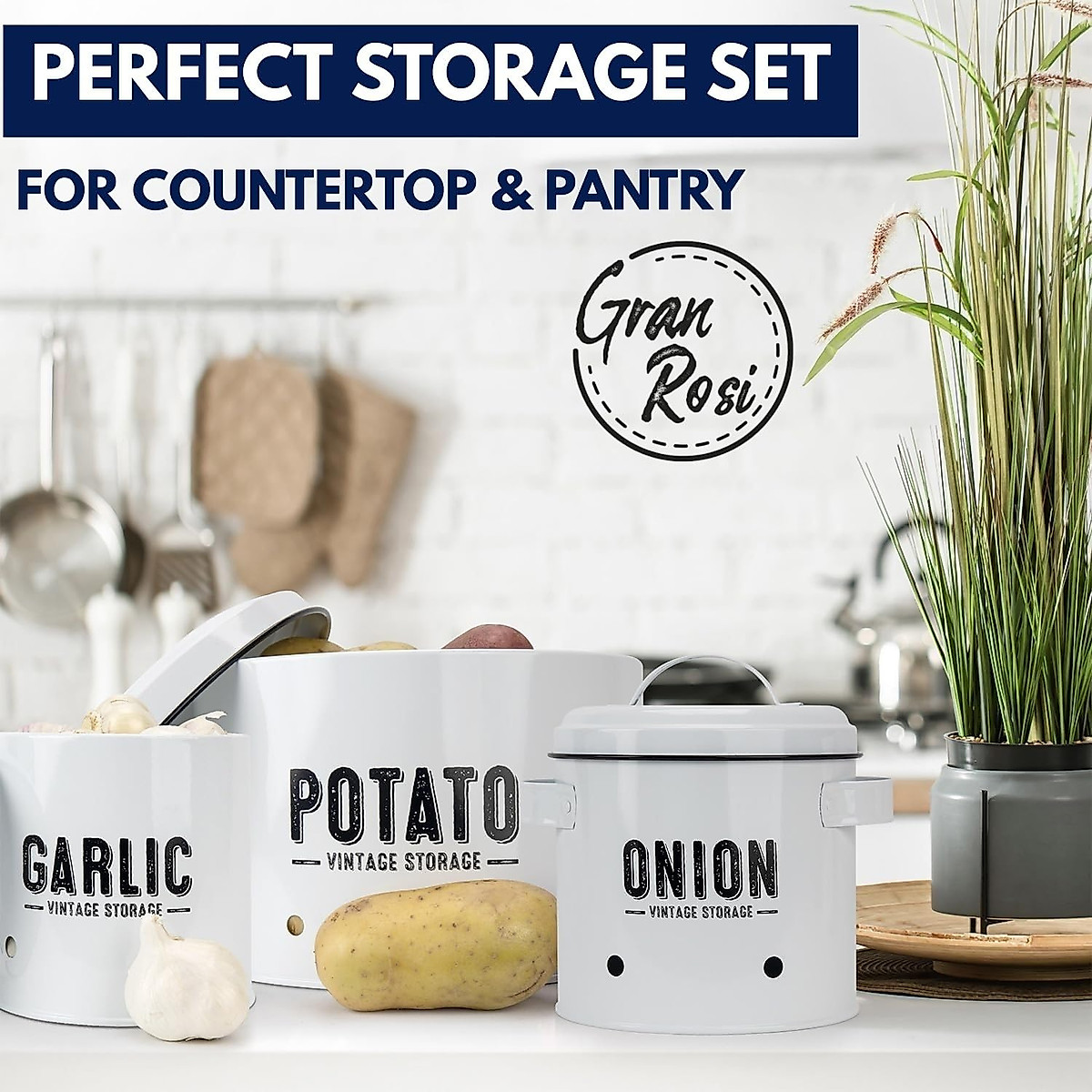 Granrosi Potato Storage For Pantry, Canister Sets for the Kitchen Counter, Onion Storage Containers, Garlic Keeper For Counter, Potato and Onion Storage Bin, Onion Keeper, Potato Bin, Potatoes Storage