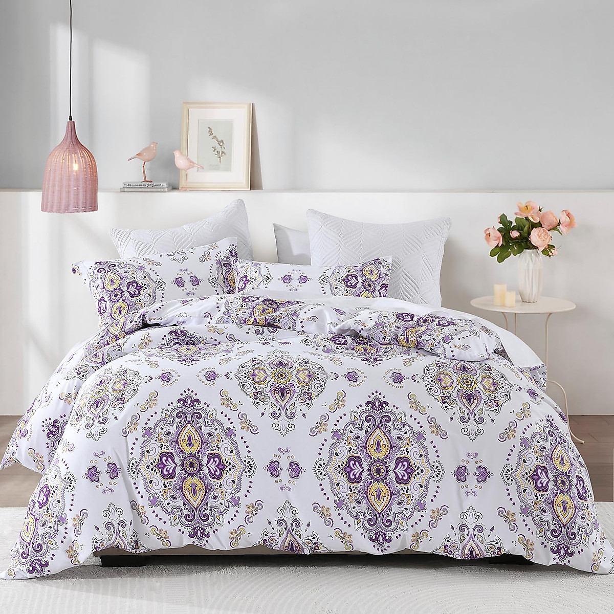 Bedduvit 100% Cotton Duvet Cover Queen Size - Purple Damask Queen Duvet Cover Set, Soft Cozy Paisley Pattern All Season Bedding Comforter Sets with Zipper Closure & 8 Ties (90"x90")