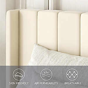 Gruwans Queen Size Bed Frame with Upholstered Wingback Headboard, Easy Assemnly Platform Bed, Wooden Slat Support No Box Spring Needed, Cream