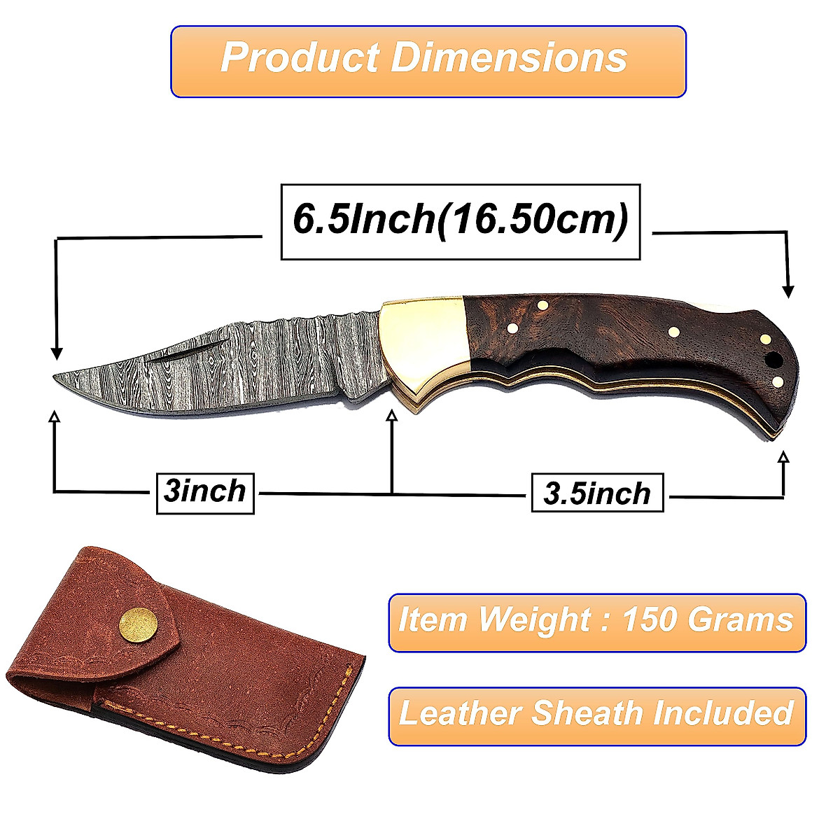 Sky Knives 6.5" Handmade Damascus Steel Folding Hunting Knives For Men, Pocket Knife For Camping, Survival, Skinning And Outdoor Activities With Leather Sheath. (Rosewood)