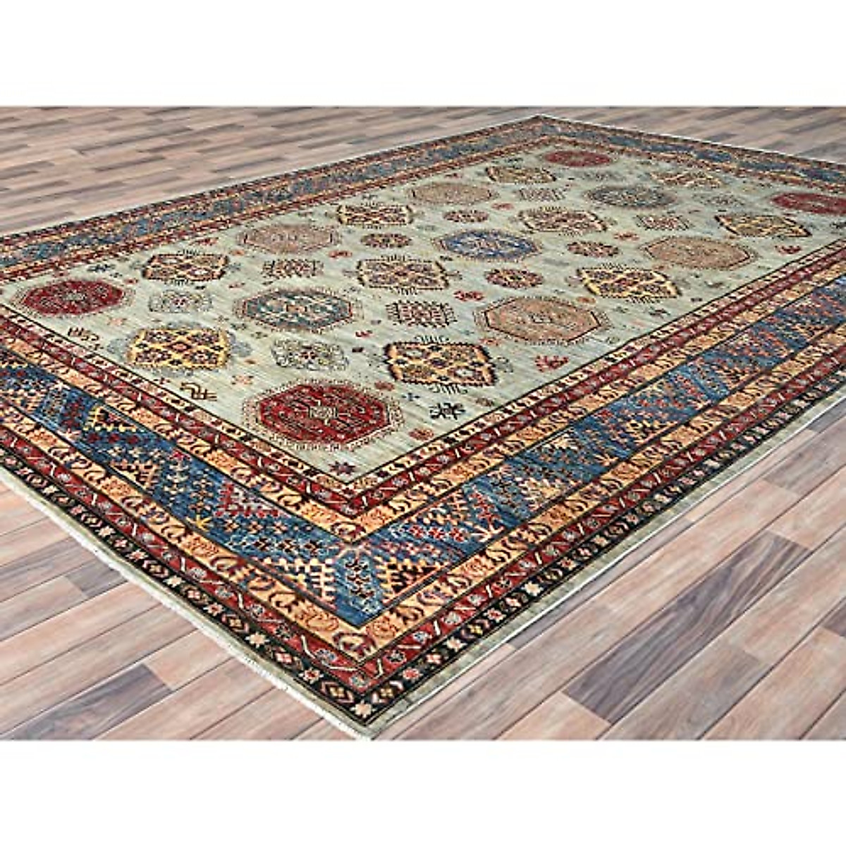 Shahbanu Rugs Light Gray Vegetable Dyes Dense Weave Soft Wool Hand Knotted Afghan Super Kazak with Geometric Medallions Oriental Rug (8'10"x12'1")