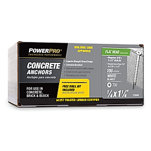 Power Pro White Flat-Head Concrete Screw Anchors (1/4" x 1-1/4") - 100 pc