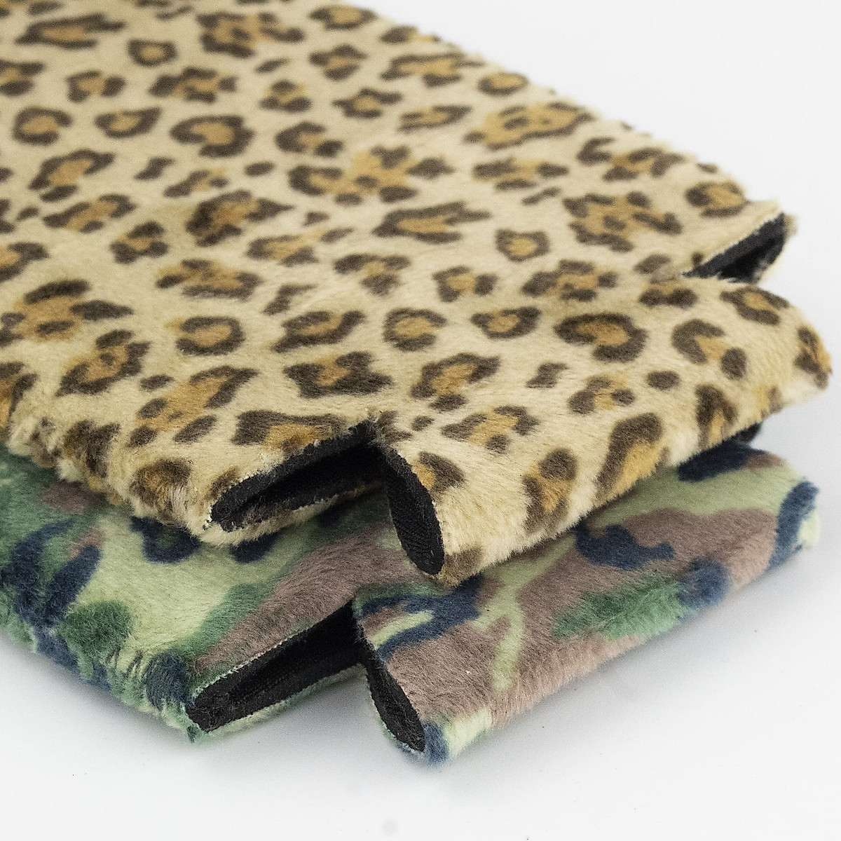 BAGnoREGio Short Plush Beer Can Cooler Sleeves, Soft Velvet Neoprene Insulated Coozie for Soda Beverage Cans, 6-Pack Collapsible Thermocoolers with 1PC Key Bottle Opener (Camouflage,Leopard)