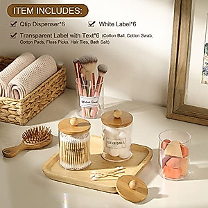 6 Pack Qtip Holder Dispenser Set with Bamboo Lids, Bathroom Canister Accessories, Storage Organizer, Clear Plastic Apothecary Jar for Cotton Ball, Swab, Pads, Floss, Vanity Makeup Organiztion - 10oz