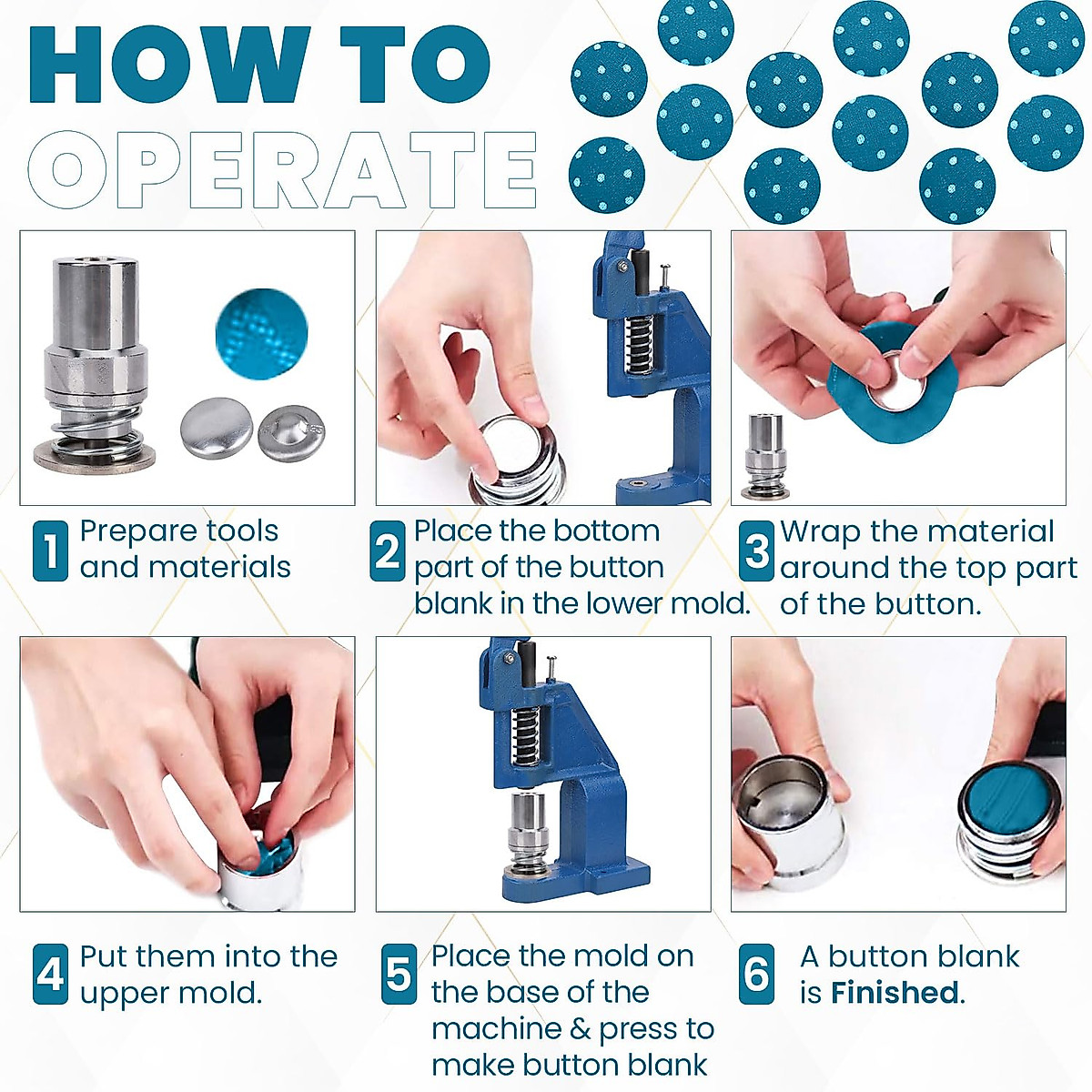 Trimming Shop Blue Hand Press Machine for Making Fabric-Covered Buttons, Handmade Fabric Covered Button and Badge Maker Press Punch Machine, Personalized Decorative Button Making DIY Tool