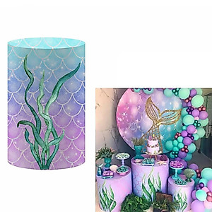 ittsmnt Cylinder Plinth Covers Underwater Mermaid Themed Pedestal Covers Glitter Seaweed Scales Baby Shower Girls 1st Birthday Party Cake Table Decor Banner