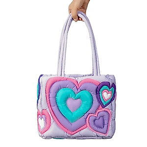 Kawaii Puffer Tote Bag Quilted Crossbody Bag for Women Puffer Bag Heart Puffy Tote Bag Down Padded Shoulder Bag for Winter (Cute Heart)