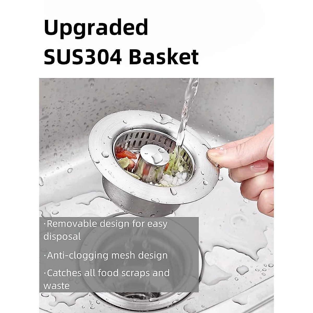 3-in-1 Kitchen Sink Strainer Stopper Combo Stainless Steel Wrap Around Sink Downspout for US Standard 3-1/2 inch Sewer Strainer, Smooth Handle for Easy Cleaning, Anti-Clogging