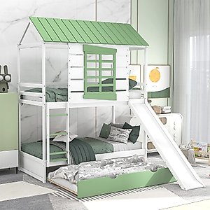 House Bunk Beds with Slide and Trundle Twin Over Twin Bunk Bed Wood Fun Playhouse Bunked Frame for Kids Girls Boys Teens, White with Green