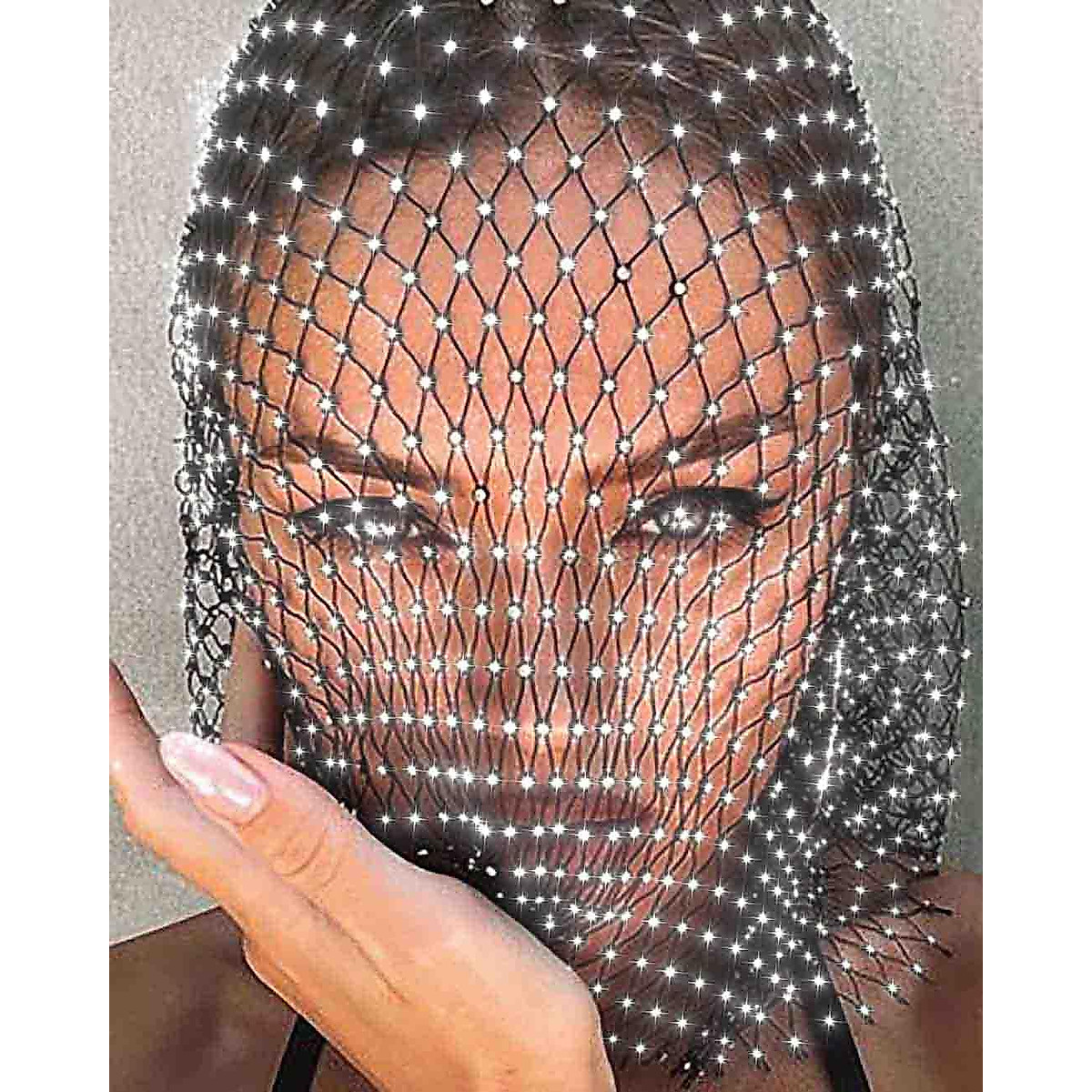 Jeweky Rhinstone Mesh Head Cover Black Rave Festival Headwear Body Accessories for Women