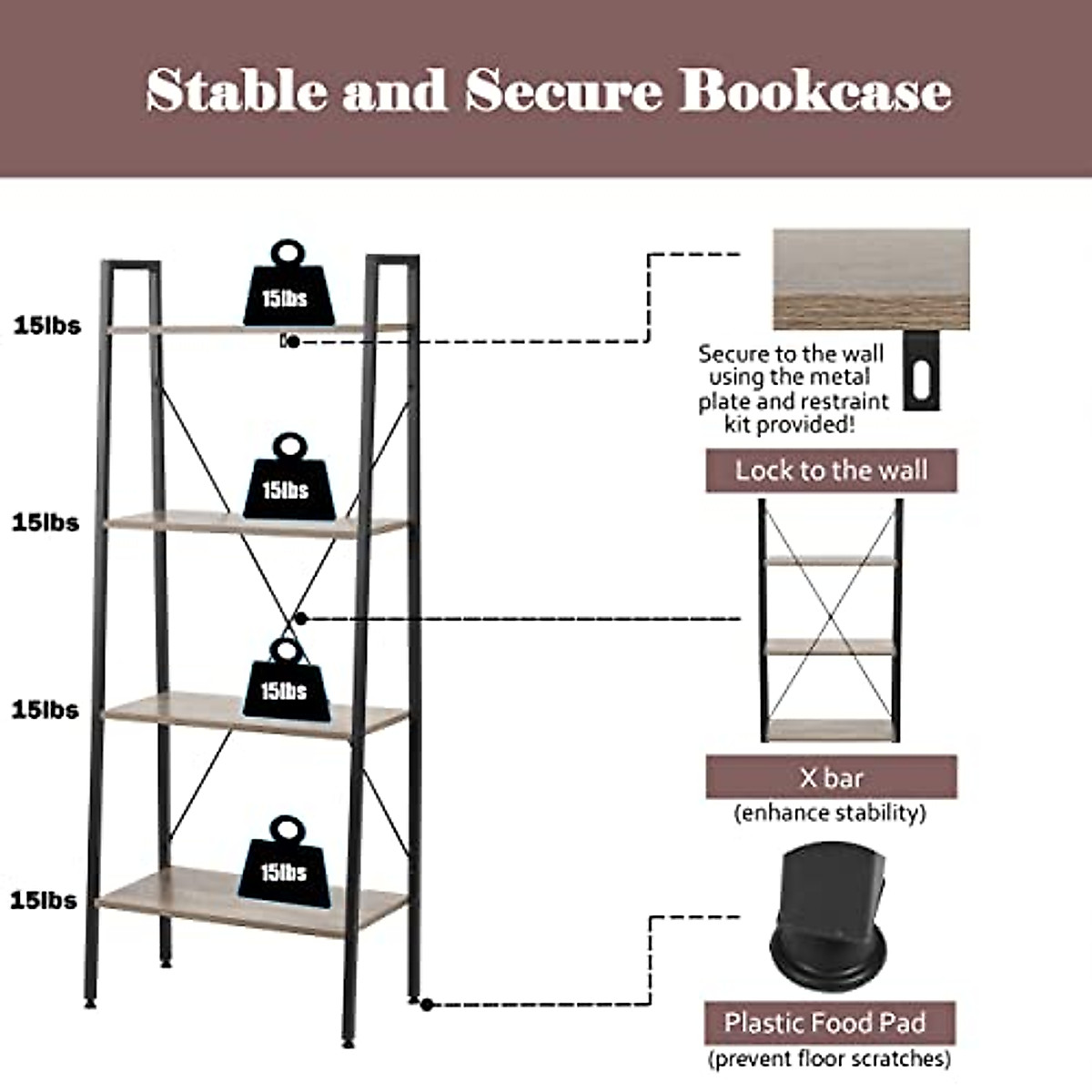 LuxenHome 4 Tier Ladder Bookshelf, 58'' Modern Leaning Bookshelf, Solid Real Wood Bookcase, Rustic Shelves with Industrial Metal Frame, Tall Wide Bookshelf Storage for Classroom, Light-Oak