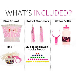 Girl’s Bicycle Decorations Set - Fun Bicycle Decor w/Beads, Rear View Mirror, Mounted Water Bottle, Handlebar Streamers & Basket - Complete Bike Decoration for Kids