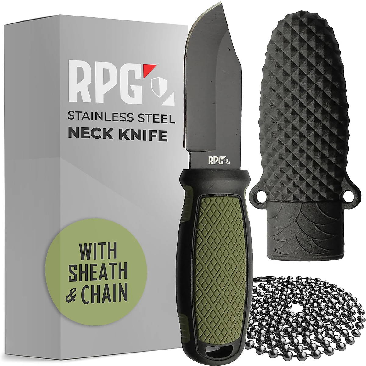 RPG Mini Small Black Full Tang Fixed Blade EDC Tactical Neck Knife with Link Chain Necklace & Plastic Molded Sheath - Concealable Minimalist EDC Survival Knife - 2.5 inch Blade - Stainless Steel