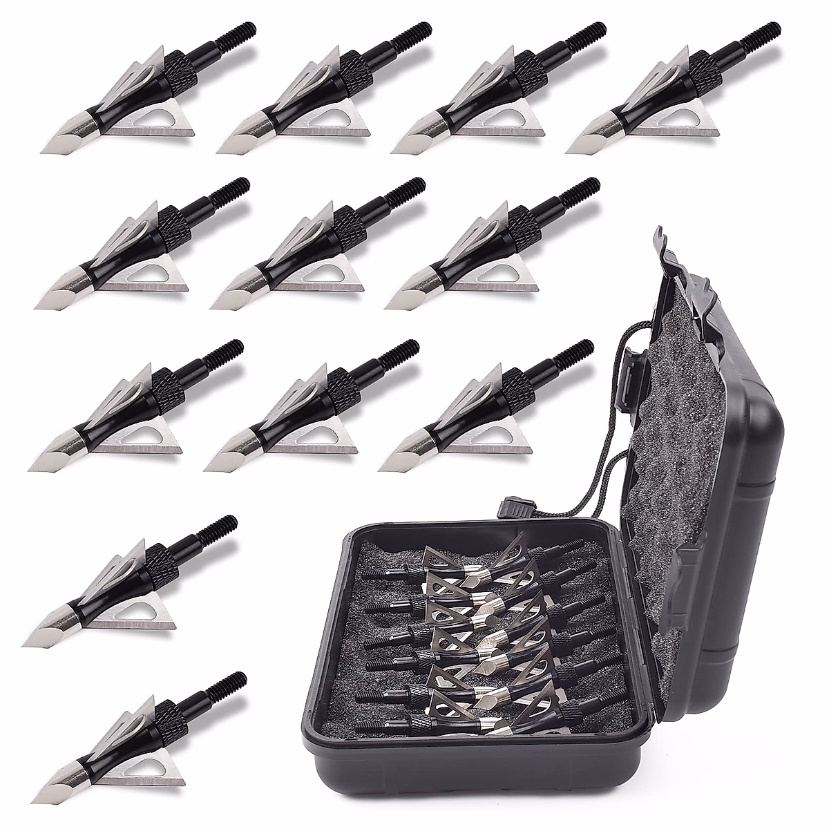 Archery Hunting Broadheads, 12PK 3 Blades Hunting Screw-in Broadheads 100 Grain Arrow Tips Compatible with Crossbow and Compound Bow + 1 PK Broadhead Storage Case
