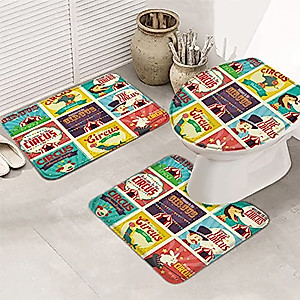 Bathroom Rugs, Memory Foam Bath Mat Bathroom Set, Cartoon Circus Bath Rugs Bathroom Accessories, Home Decor Non-Slip Absorbent Soft Bath Mats for Bathroom, Tub, 3 Pieces