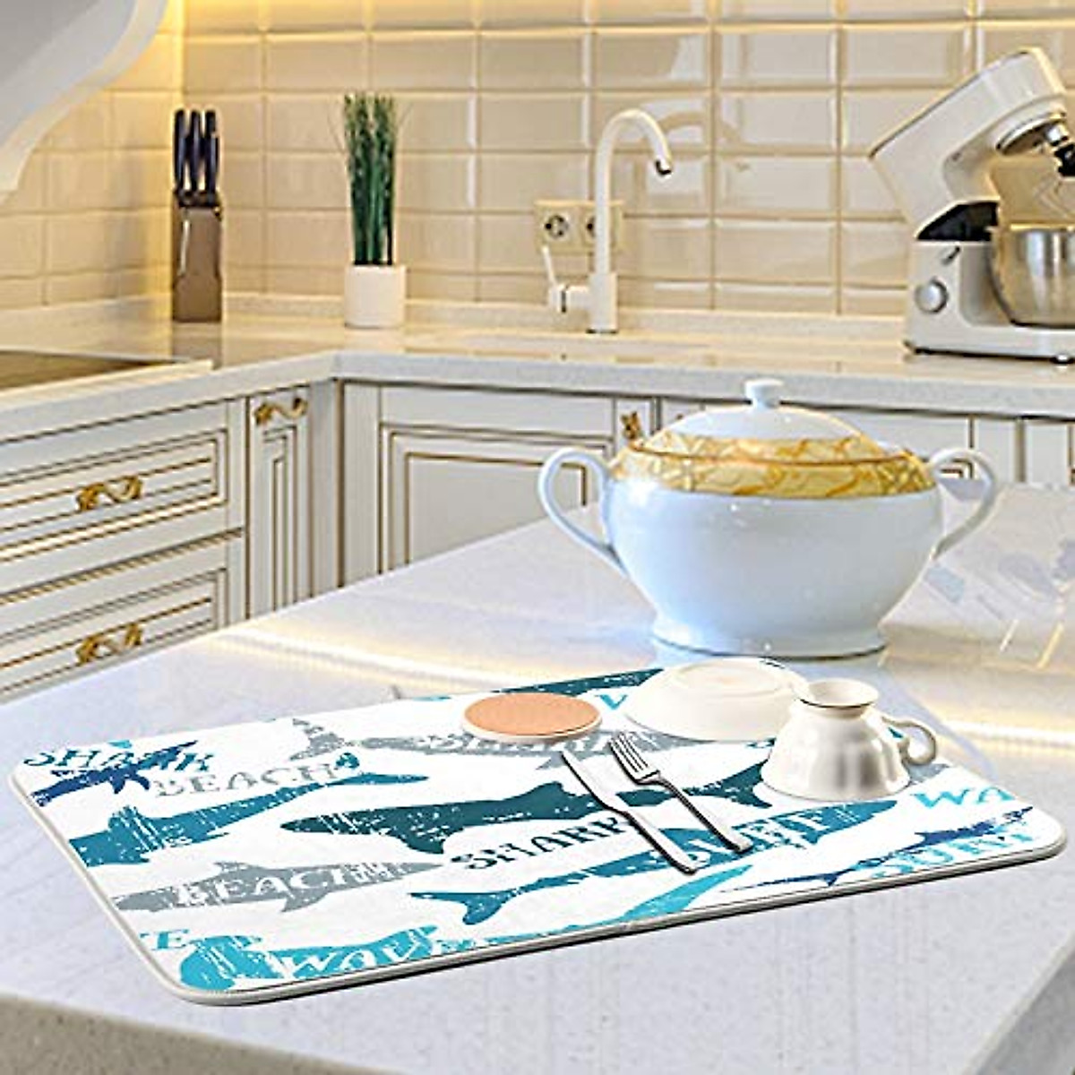 Animal Shark Ocean Dish Drying Mat 16"x18" Absorbent Machine Washable Hanging Fast Dry Pad Dish Protective Mat for Kitchen Countertop Heat Resistant Dinner Table Mat