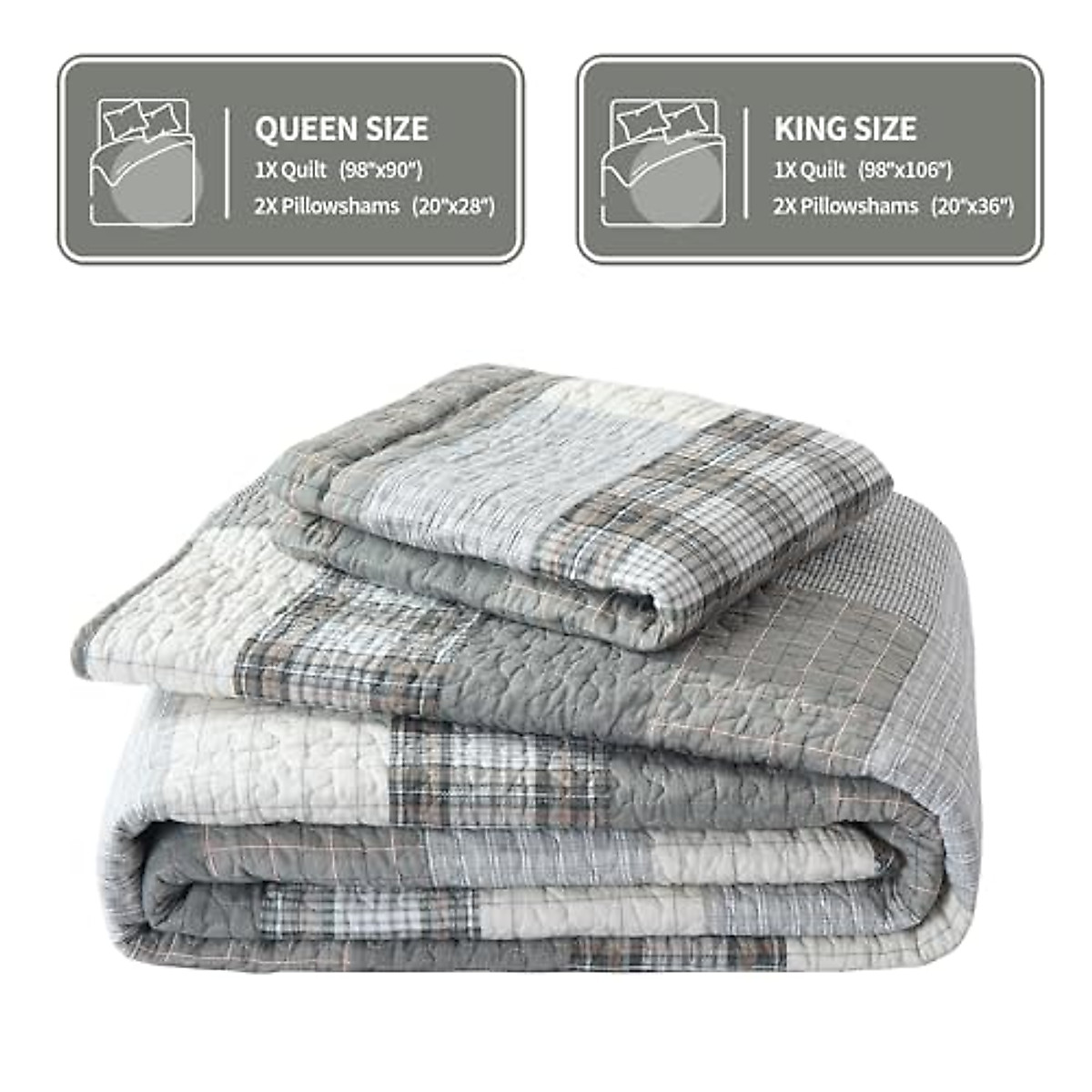 KALOOLA Grey Quilts Queen Size, 100% Cotton Queen Quilt Bedding Set, Farmhouse Rustic Striped Bedspreads, Lightweight Coverlet for All Seasons, 3 Pieces