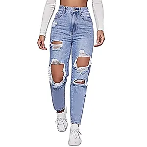 MakeMeChic Women's High Waist Straight Leg Ripped Jeans Distressed Denim Pants Light Wash M