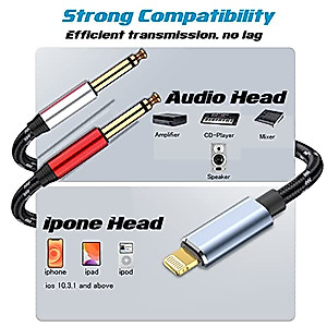 Lightning to Dual 6.35mm 1/4" TS Mono Stereo Y-Cable Splitter Lightning to Dual 1/4 inch Audio Cable Compatible for iPhone12/11/X/XS/XR/8/7/iPad,Amplifier, Speaker, Headphone, Mixing Console 3.3FT