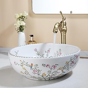 Sinku Mccut Ceramic Bathroom Vessel Sink with Faucet and Drain Combo Artistic Hand Painted Round Bathroom Sink Bowl Above Counter Batnroom Sinks