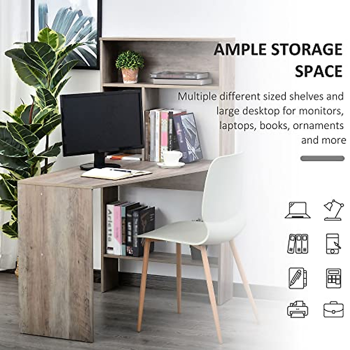 HOMCOM Nordic Style Computer Desk with Hutch and Storage Shelves PC Laptop Writing Table Home Office Workstation, Grey