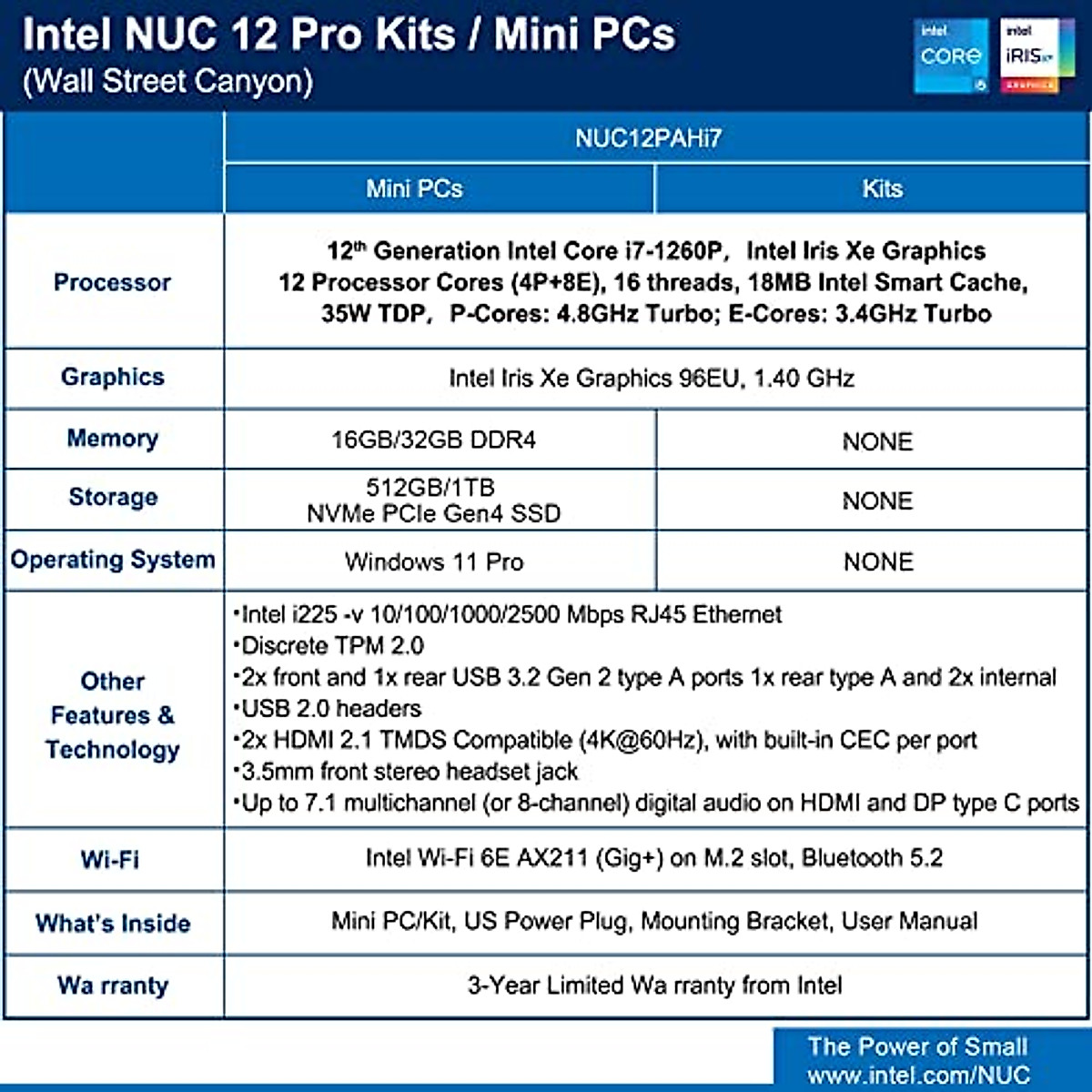 Intel NUC 12 NUC12WSHi7 Wall Street Canyon Mini Computer 12th Gen Intel Core i7-1260P, 12 Cores(4P+8E), 16 Threads, 18MB Intel Smart Cache, Intel Iris Xe Graphics,32GB RAM, 1TB PCIe SSD, Win 11 Pro