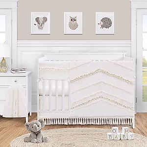 Sweet Jojo Designs Ivory Gender Neutral Boho Bohemian Girl Boy Baby Nursery Crib Bed Skirt Dust Ruffle - Solid Color Beige Cream Off White Farmhouse Chic Unisex Minimalist Tassel Fringe Macrame Cotton