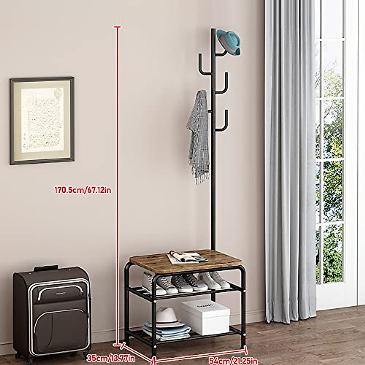 AKaSping Bamboo Shoe Rack Shoes Bench 3 in 1 Hall Multifunctional Shoes Bench with Coat Rack Seat Shoe Rack Organizer 2 Tiers Shoe Storage Shelf for Home Bedroom Hallway Entryway