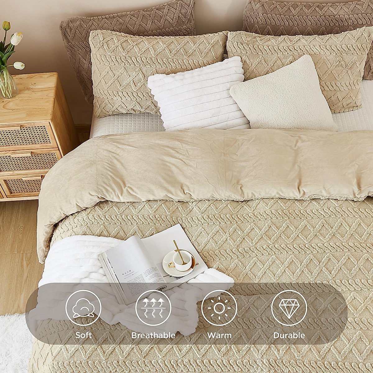 Andency Beige Cream Fleece Duvet Cover Set King Size, 3 Pieces Boho Flannel Fuzzy Fluffy Faux Fur Comforter Cover for Winter, Soft Shaggy Plush Cozy Sherpa Bedding Set