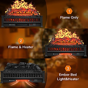 Alpaca Electric Fireplace Logs 26-Inch, Remote Controller Fireplace Insert Log Heater, Adjustable Flame Colors, Realistic Fake firewood Flame, Overheat Protection, Timer, Thermostat, 1500W Black