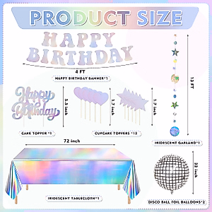 Iridescent Birthday Party Decoration Set 78Pcs, Disco Groovy 60s 70s Party Supplies Silver Party Decors include Disco Ball Banner Balloon Garland Arch Tablecloth Fringe Curtain Cake Topper Set