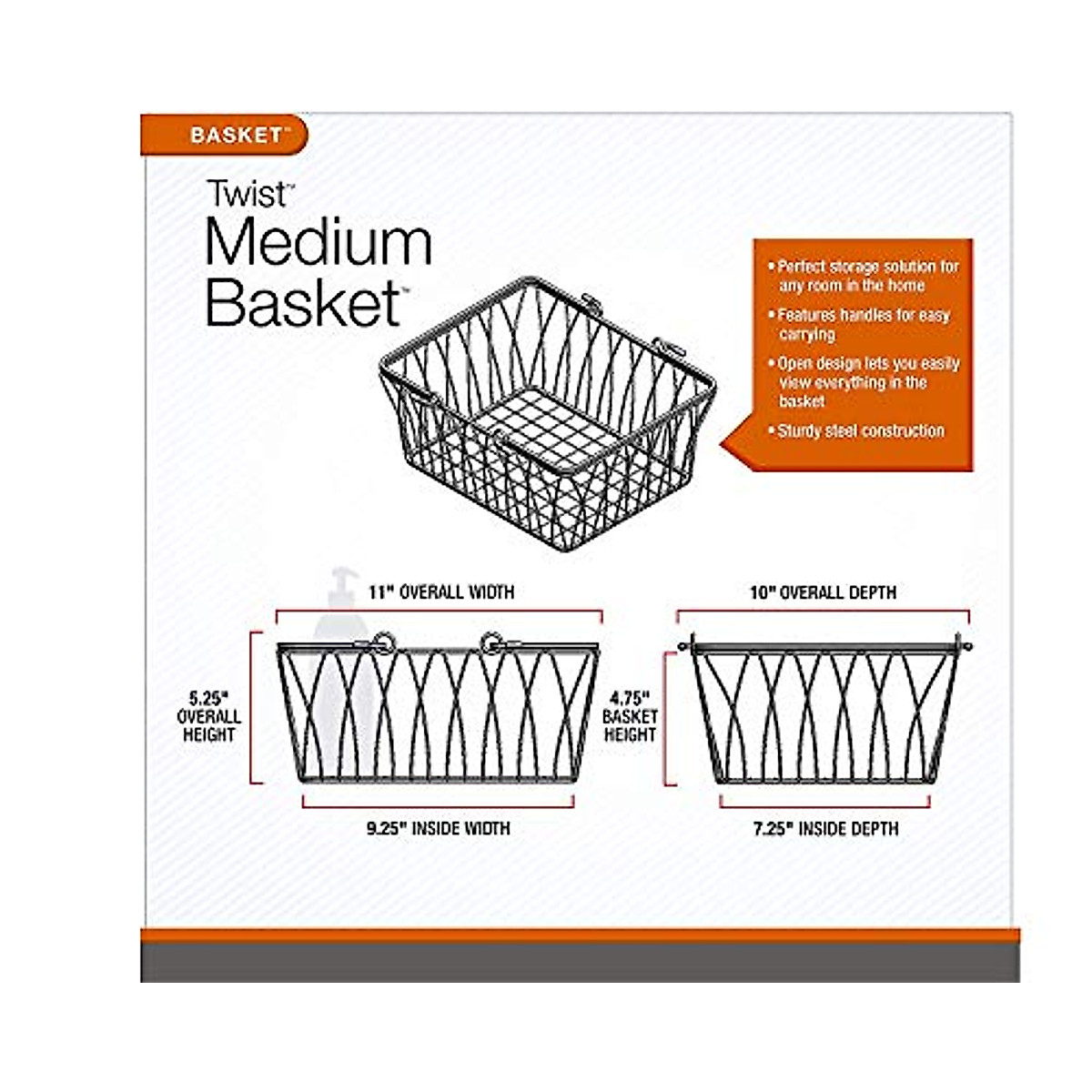 Spectrum Diversified Twist Storage Handles, Modern Farmhouse Décor Farmer’s Market-Style Wire Basket for Organizing Bathroom, Pantry & Craft Room, Medium, Black
