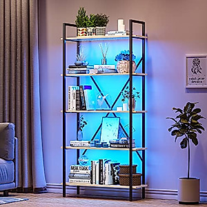 HNEBC 5 Tier LED Bookshelf,Modern Bookcase Open Storage Shelving with Smart Sensing 3 Colors LED Strip,Industrial Style Tall Bookshelf Floating Shelves/Bookcases for Room Living Room Office(Wood)