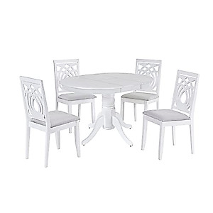 Harper & Bright Designs 5-Piece Mid-Century Dining Table Set, Solid Wood Extendable Round Dining Table with 4 Upholstered Chairs, Dining Room Kitchen Table Chairs Set, White