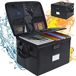 Fireproof Document Box, Water-Resistant File Organizer Box with Lock, Portable File Box with Handle Document Organizer Collapsible File Cabinets for Home Office for Hanging Letter/Legal Folder, Black