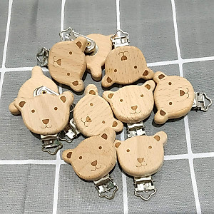 5pcs Natural Beech Wood Animal Pacifier Clips Grasping Toy Suspender Chain Clips Charm Antique DIY Beading Accessory (Bear)