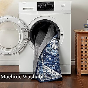 COZYLOOM Ultra-Thin Washable Rug 5x7 Non-Slip Rug Indoor Medallion Distressed Floor Carpet for Living Room Bedroom Oriental Floral Throw Carpet Non-Shedding Foldable Low Pile Floor Cover Blue