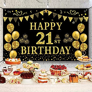 Trgowaul 21st Birthday Decorations for her him, Men Women Black Gold 21st Birthday Backdrop Banner, 21 Years Old Party Supplies Photography Background Girls Boys