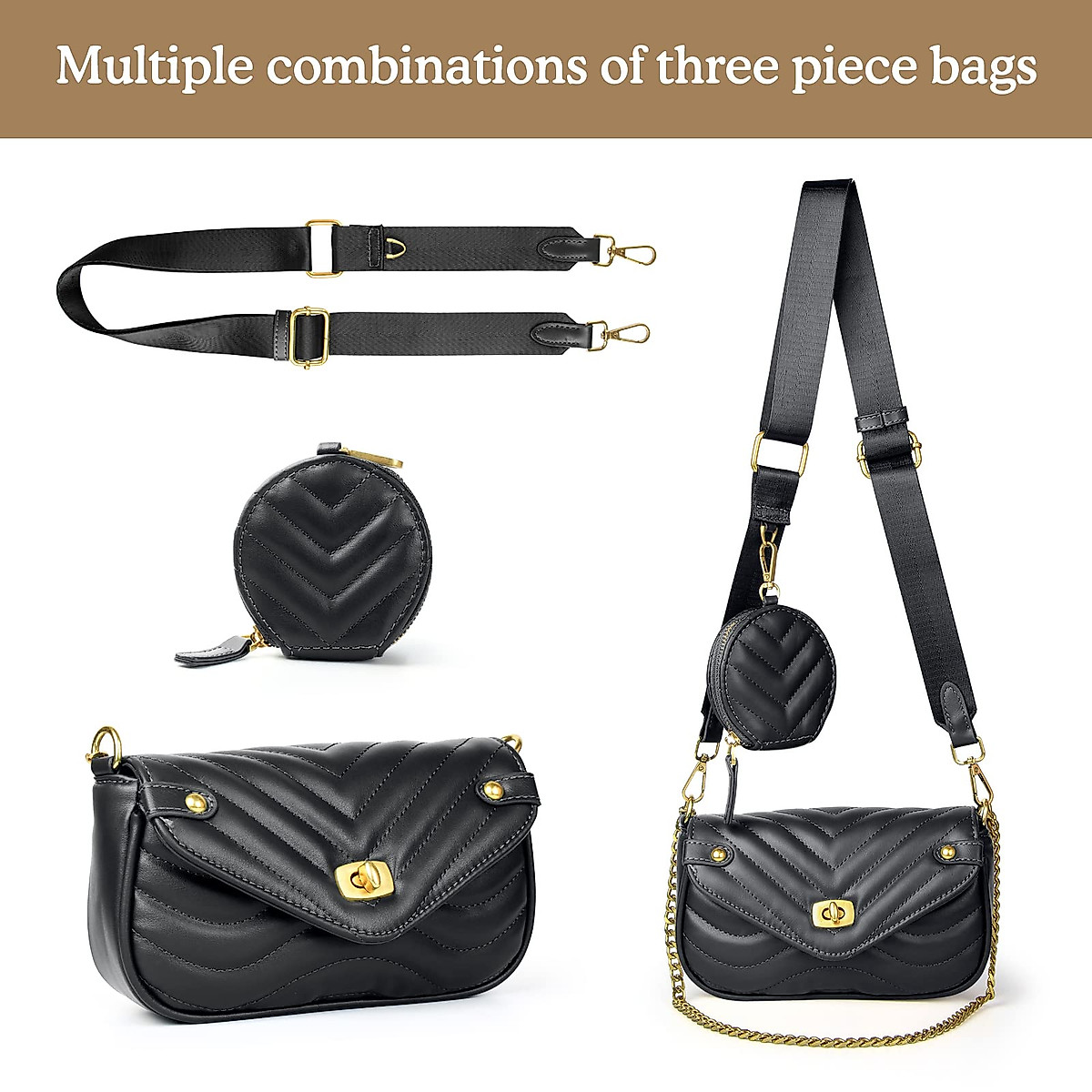 Small Quilted Crossbody Bags for Women Trendy Designer PU Leather Shoulder Bag with Coin Purse Sets Metal Chain Clutch (Black)
