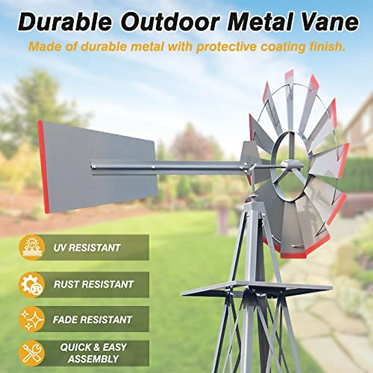 Crownland 8FT Ornamental Windmill Backyard Garden Decoration Weather Vane, Heavy Duty Metal Wind Mill Weather Resistant 4 Legs Design (Grey)