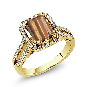 Gem Stone King 18K Yellow Gold Plated Silver Emerald Cut Brown Tiger Eye Women Ring (2.78 Cttw, Gemstone Birthstone, Available In Size 5, 6, 7, 8, 9)