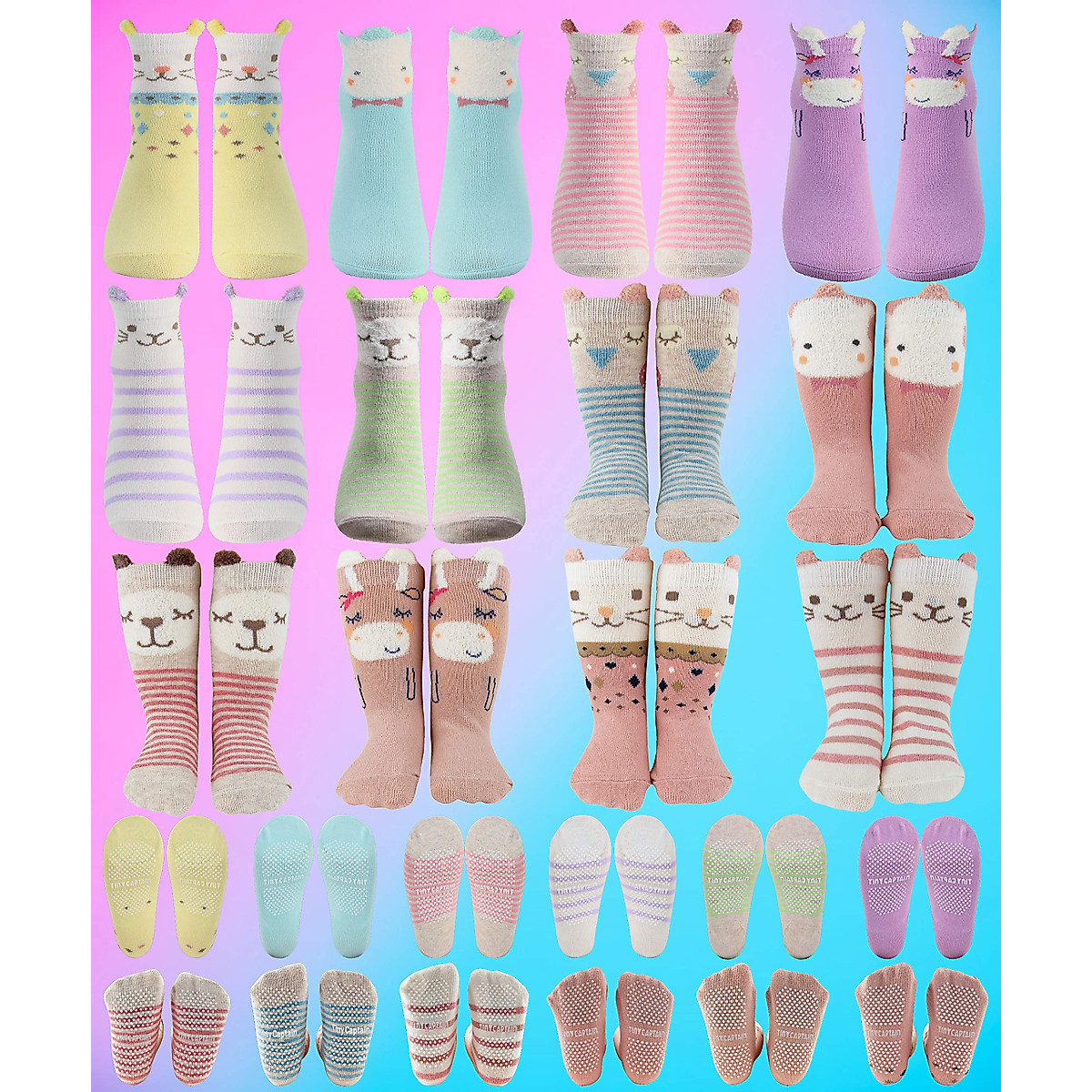 Tiny Captain Baby Toddler Girls Animal Grip Socks Tube Socks Anti-Slip Cartoon Sock (1-3T, Pink and Pastel - 12 Pairs)