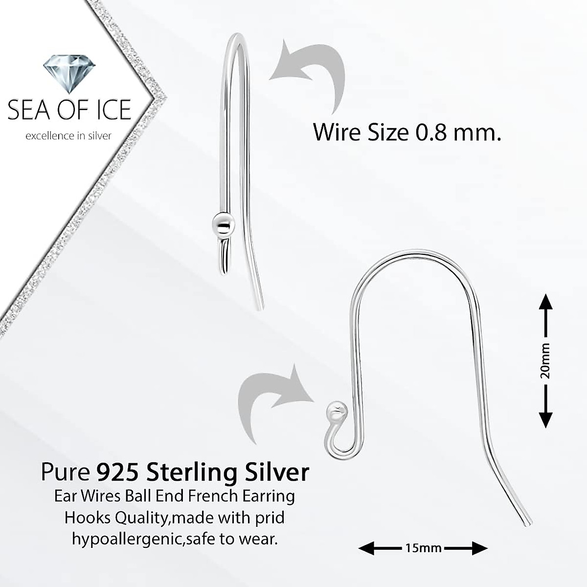 Sea of Ice 925 Sterling Silver Ear Wires Ball End French Earring Hooks for Drop Dangle Earrings Jewelry Making, DIY Jewelry Findings Parts 24 Pcs/ 12 Pairs