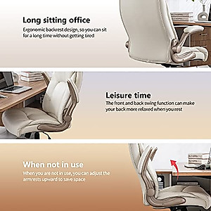 hzlagm Home Office Desk Chair, PU Leather Executive Office Chair, Home Office Computer Chair with Golden Flip-up Armrests, Swivel Rolling Chair with Ergonomic Support for Adult Working Study (White)