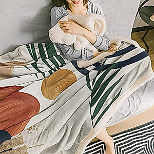 Mid Century Sherpa Flannel Throw Blankets,Boho Abstract Leaf Thick Reversible Plush Fleece Blanket for Bed Couch Sofa,Geometric Minimalist Aesthetic Ultra Soft Comfy Warm Fuzzy TV Throws 40x50in