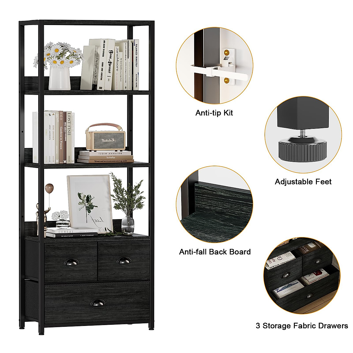 Furnulem Bookshelf with 3 Fabric Drawers and 4-Tier Shelves, 59" Tall Bookcase Storage Rack, Freestanding Shelf Organizer Unit for Office,Living Room,Kitchen,Bedroom(Black Oak)