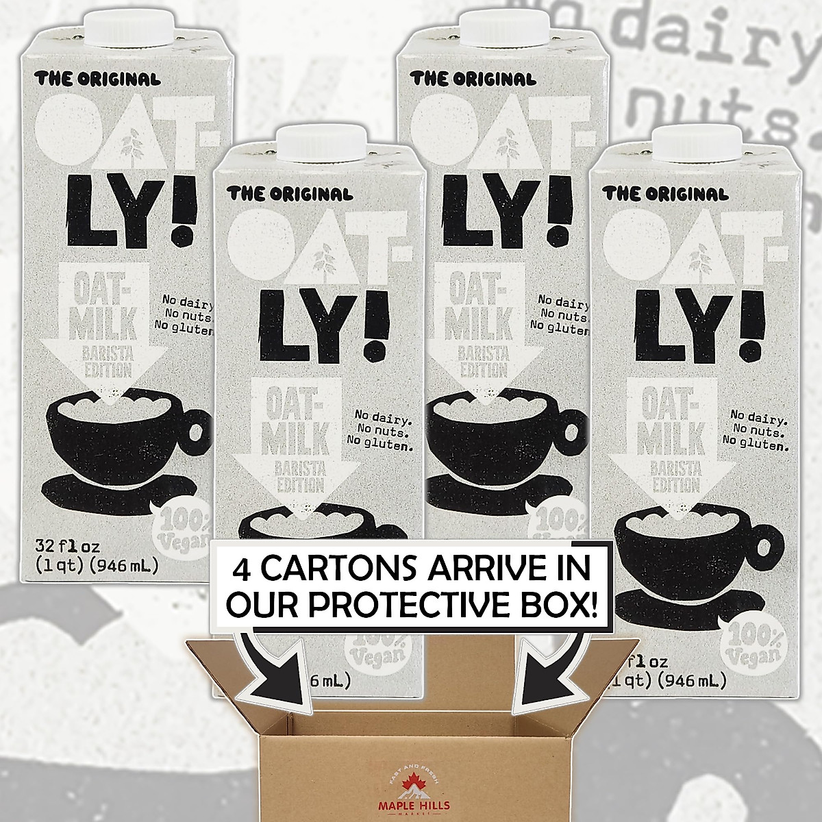 Oatly Original Barista Edition Oat Milk Bulk Pack - 128 ounces - 4 Individually Sealed 32 oz Cartons - No Dairy, Nuts, or Gluten - Perfect foaming for Lattes - In Maple Hills Market Protective Box