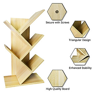 QUMENEY Tree Bookshelf, 5 Shelf Display Bookcase,Tree Bookcase for Books/CDs/Albums/Files Holder, Free Standing Book Shelves Organizer for Office，Bedroom, Living Room (Light Walnut)