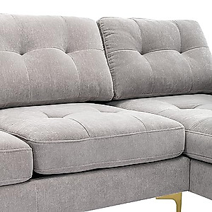 EOVTK Convertible Sectional Sofa with Movable Ottoman, 110" L-Shape Velvet Couch with Golden Metal Legs & Side Storage Pockets for Living Room, Apartment, Office, Light Gray